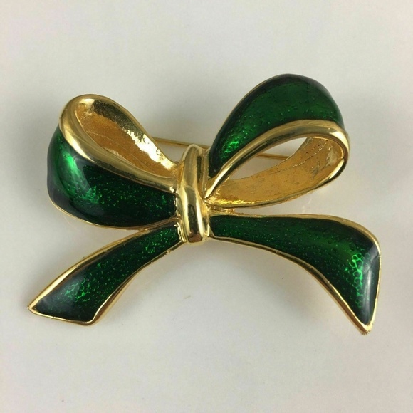 AAI | Jewelry | Vintage Aai Green And Gold Bow Enamel Brooch Pin | Poshmark